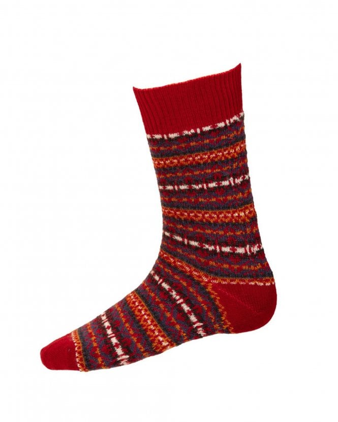 House of Cheviot Men's Merino Socks, Herringbone Pattern, Red
